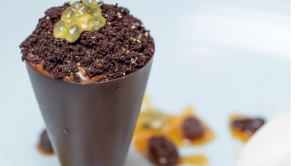 Poached pineapple, Michel Cluizel cones, cicely ice cream, rum raisin ...
